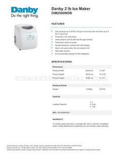 Danby DIM2500WDB Ice Machine Specification Sheet | Ice Maker Manuals