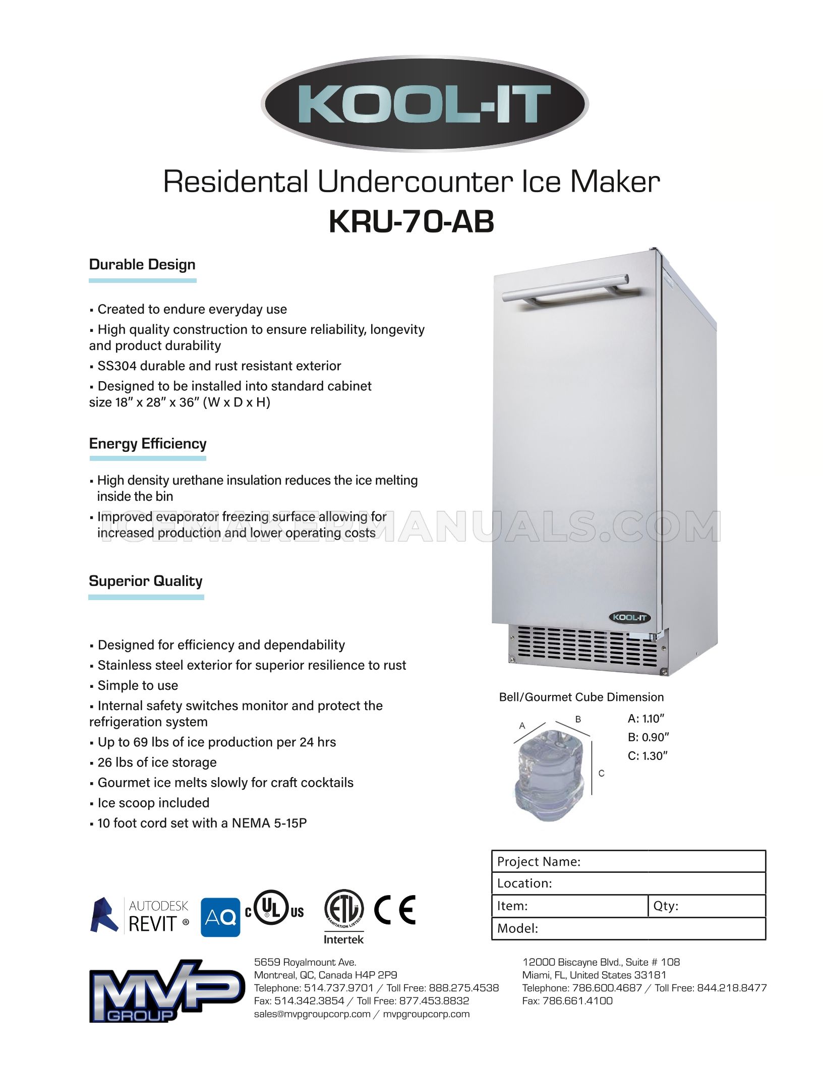 Kool-It KRU70AB Ice Machine Spec Sheet | Ice Maker Manuals