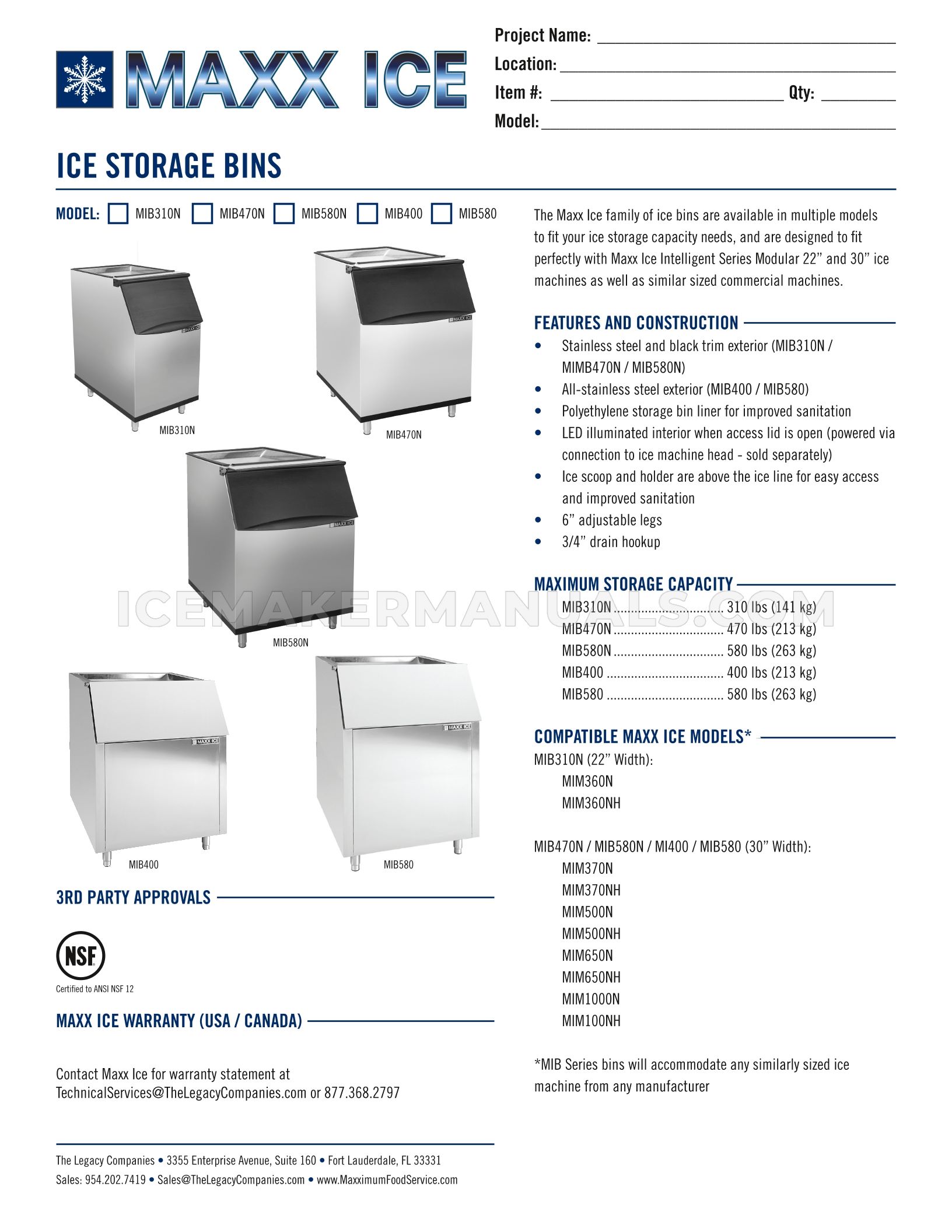 Maxx Ice MIB580N Ice Storage Bin Ice Machine Specifications Sheet | Ice ...