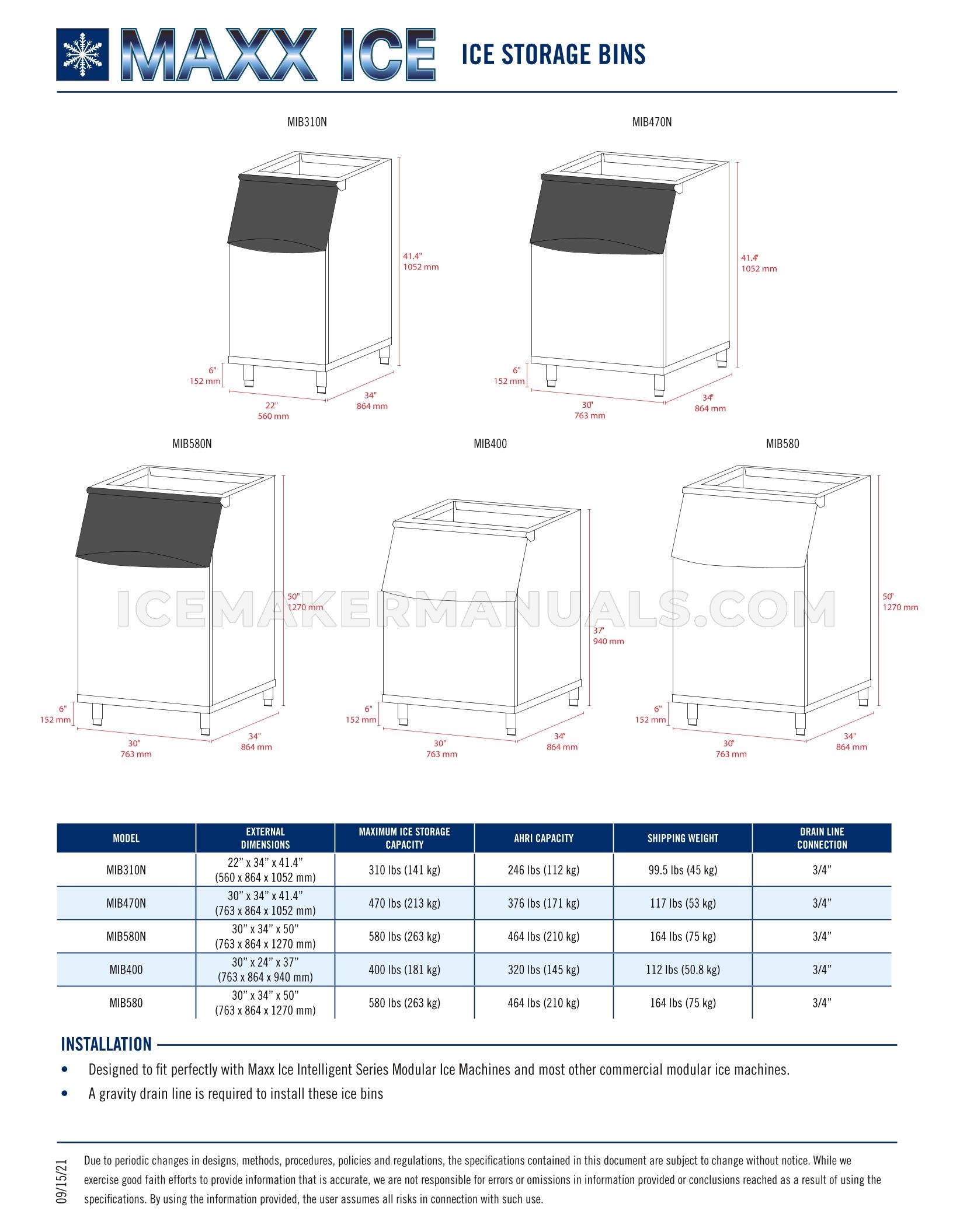 Maxx Ice MIB580N Ice Storage Bin Ice Machine Specifications Sheet | Ice ...