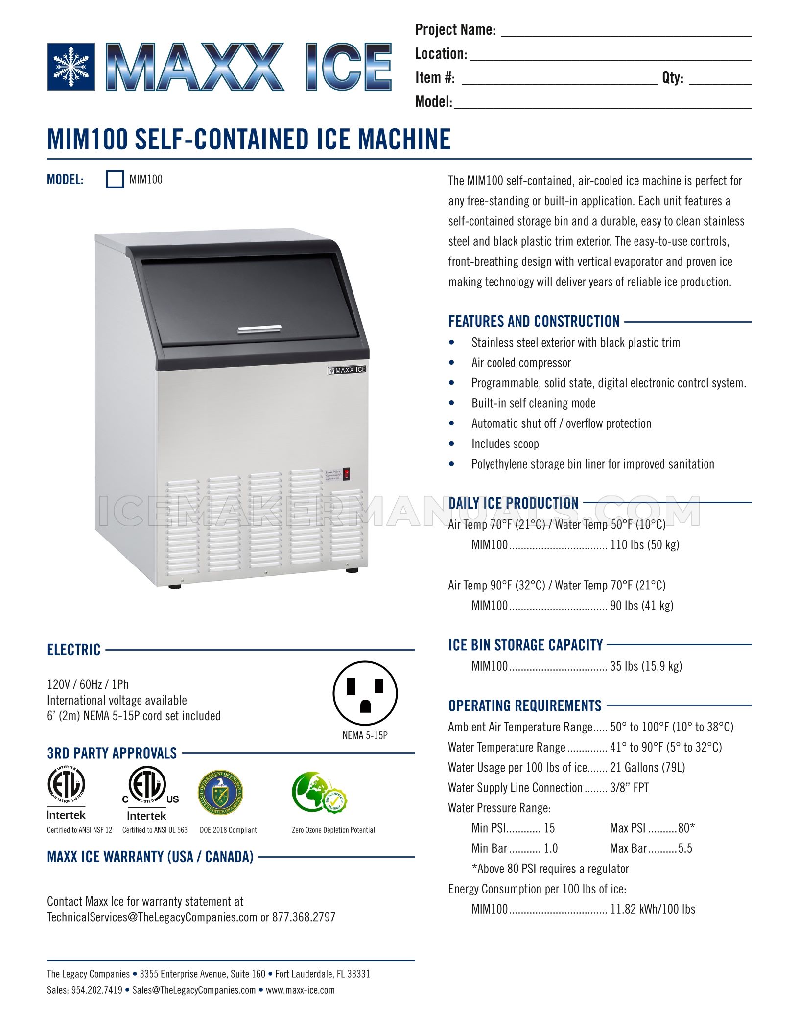 Maxx Ice MIM100 Ice Machine Specifications Sheet | Ice Maker Manuals