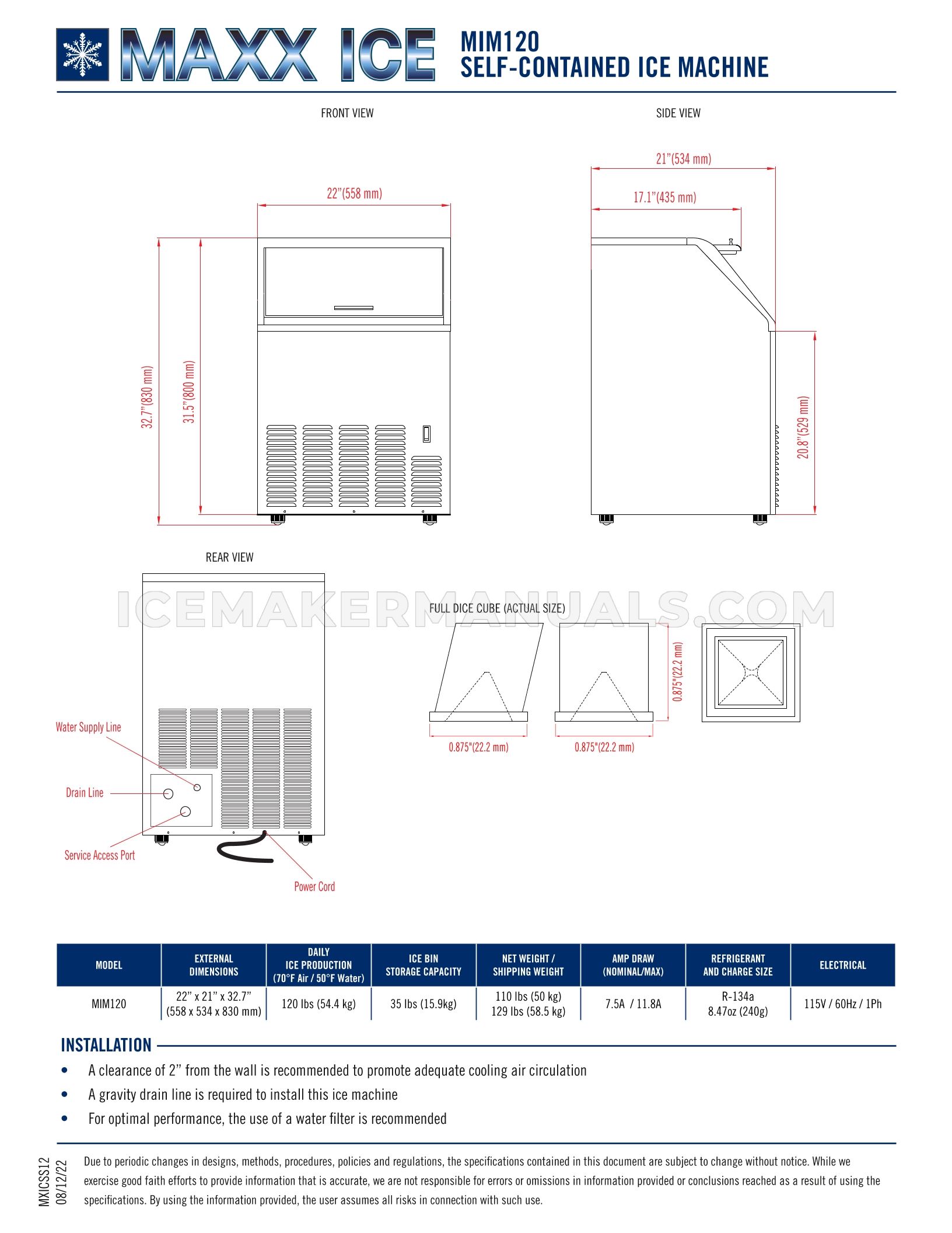 Maxx Ice MIM120 Ice Machine Specifications Sheet | Ice Maker Manuals