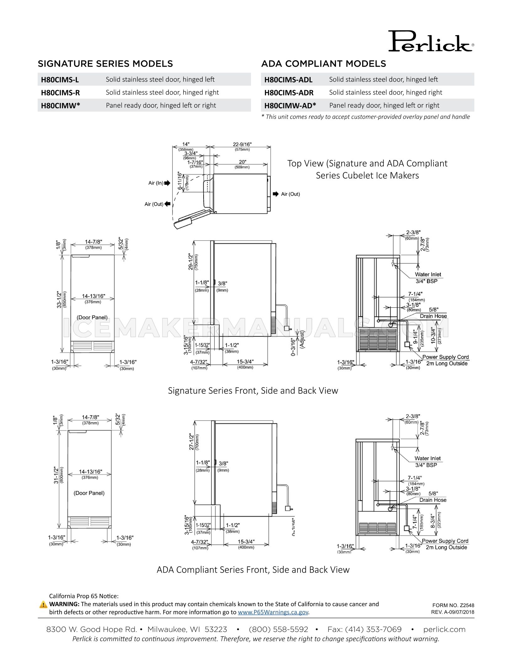 Perlick H80CIMSL Signature Ice Machine Spec Sheet | Ice Maker Manuals