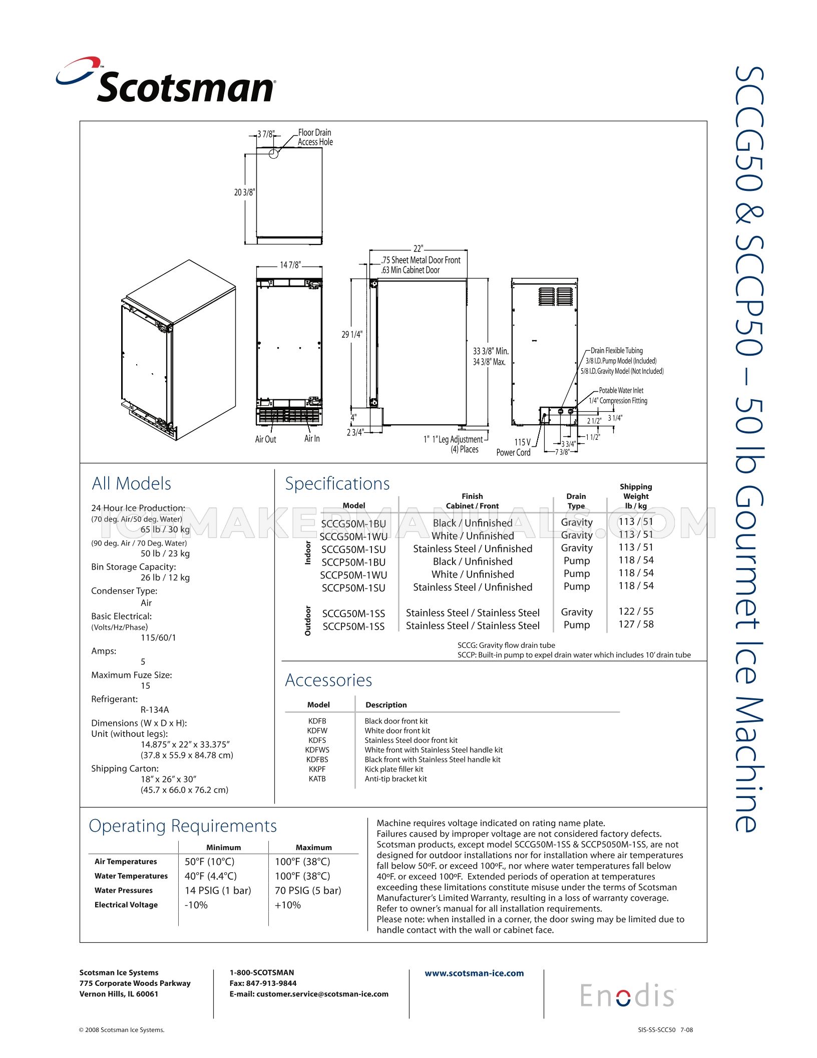 Scotsman SCCG50M-1SU Brilliance Ice Machine Specification Sheet | Ice ...