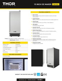 Thor Kitchen TIM1501 Ice Machine Spec Sheet | Ice Maker Manuals