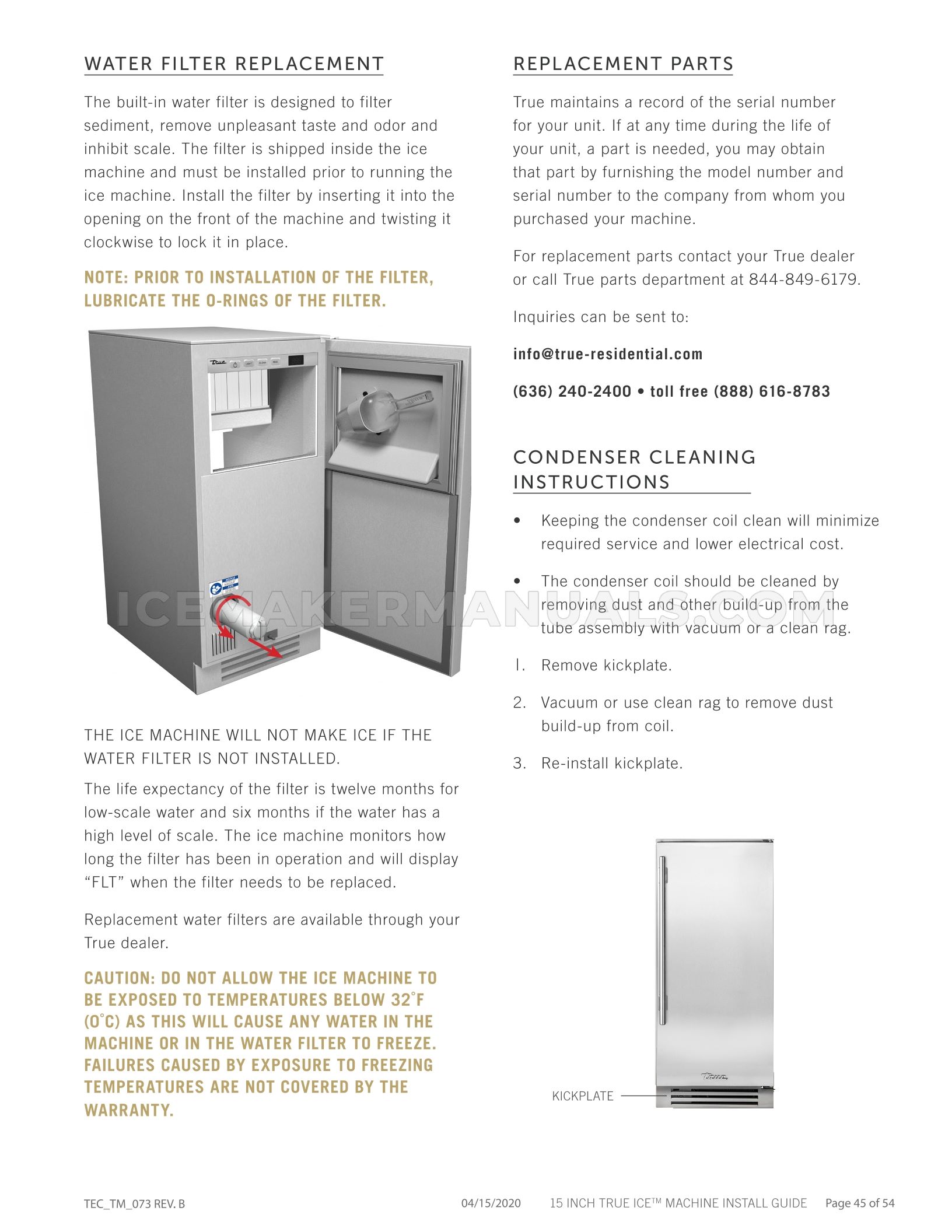 True Residential TUI15RSSB Ice Machine Installation and User Guide ...