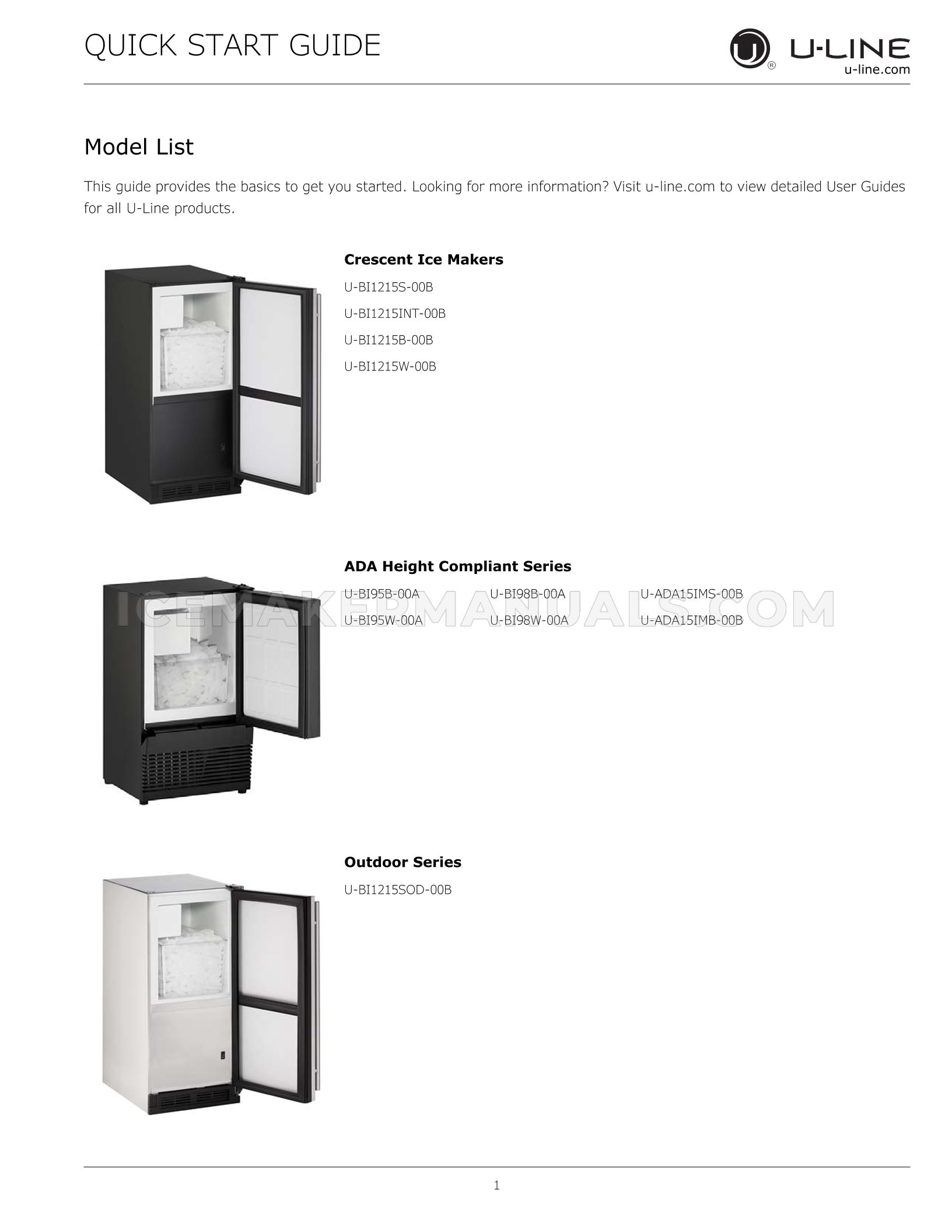 U-Line UBI1215B00B 1000 Ice Machine Quick Start Guide | Ice Maker Manuals
